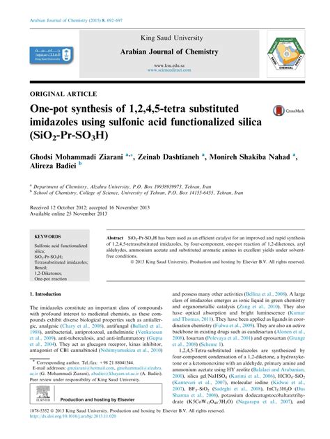 Pdf One Pot Synthesis Of 1245 Tetra Substituted Imidazoles Using Sulfonic Acid