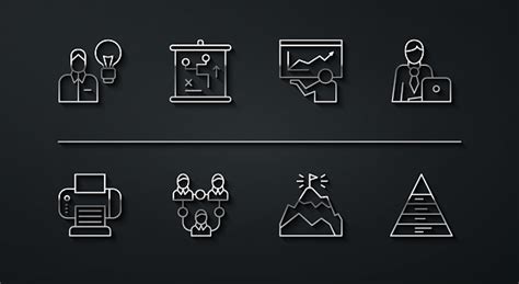 램프 전구 프린터 사업가 산 깃발 프로젝트 팀 기지 계획 전략 개념 피라미드 차트 인포그래픽 및 교육 프레젠테이션 아이콘으로