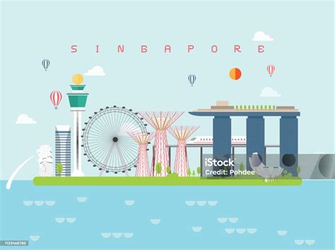 싱가포르 유명 관광지 인포 그래픽 템플릿 여행 최소한의 스타일과 아이콘 기호 세트 벡터 일러스트 레이 션은 포스터 트래블 북 엽서 빌보드에 사용할 수 있습니다 개념에 대한
