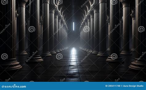 Dark Hall With Three Dimensional Render Of Rows Of Columns Stock