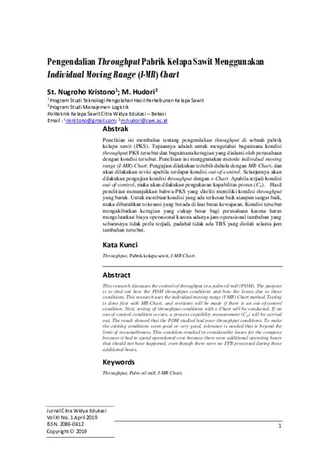 pdf pengendalian throughput pabrik kelapa sawit menggunakan individual moving range i mr chart