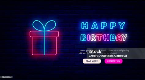 생일 축하 네온 프로모션 리본이 있는 핑크 기프트 박스 웹 사이트 템플릿입니다 밤 밝은 전단지 벡터 스톡 일러스트레이션 개념에