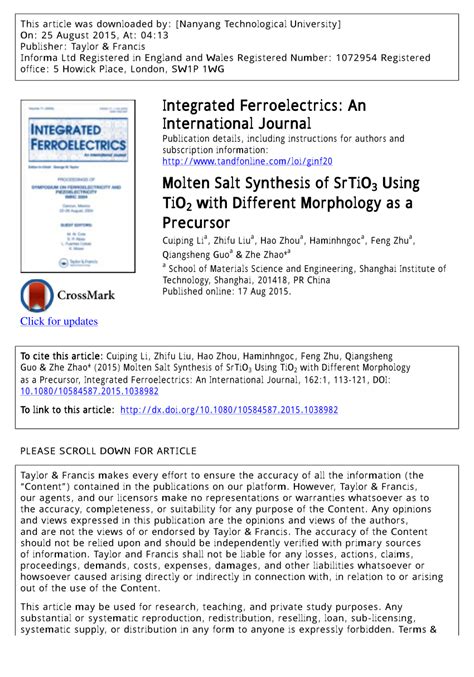 Pdf Molten Salt Synthesis Of Srtio3 Using Tio2 With Different