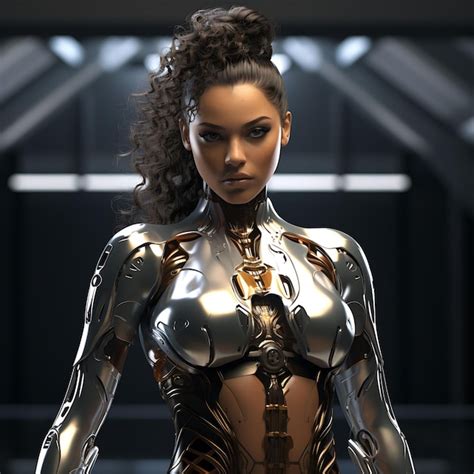 Premium Photo 3d Character Female Cyborg Athletic Metallic Holding