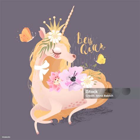 귀 엽 고 아름 다운 유니콘입니다 공주 여자 유니콘 왕관 꽃 꽃 화 환에 묶여 나비와 나비 T 셔츠에 대한 스톡 벡터 아트 및 기타 이미지 Istock