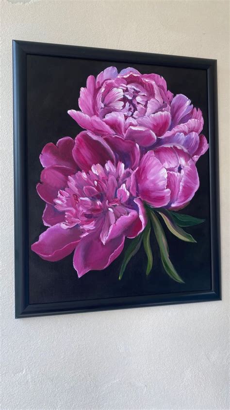 Розовые пионы на черном фоне картина маслом Летняя живопись Картины Картины маслом