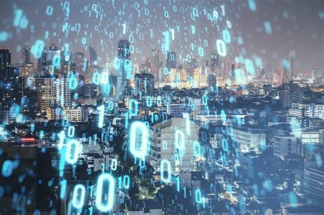 Creative Binary Coding On Blurry Night City Background Matrix And
