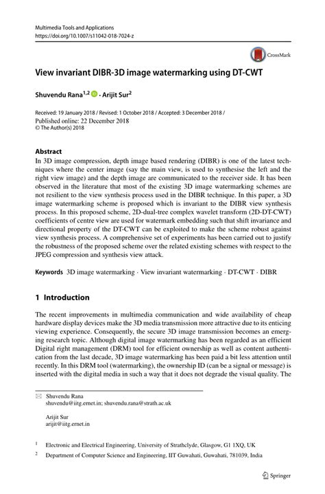 Pdf View Invariant Dibr 3d Image Watermarking Using Dt Cwt