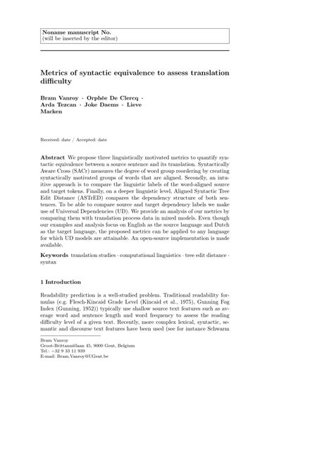 pdf metrics of syntactic equivalence to assess translation difficulty