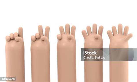만화 제스처 아이콘 Mockupfive 손가락 카운팅 아이콘3d 손은 흰색 배경에 숫자 1에서 5 3d 렌더링을 보여줍니다 손 제스처 숫자 3차원 형태에 대한 스톡 사진 및