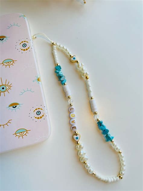 Customizable Pearl Beaded Phone Charm Evil Eve Phone Strap Gemstone Phone Chain Phone Jewelry