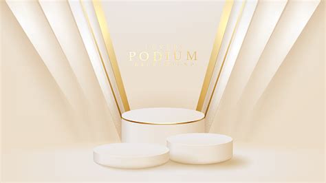 사실적인 흰색 디스플레이는 황금 대각선 장면 프로모션 판매 및 마케팅을위한 제품을 보여주는 연단스탠드 럭셔리 스타일 배경 3d 벡터 그림입니다 3차원 형태에 대한 스톡 벡터