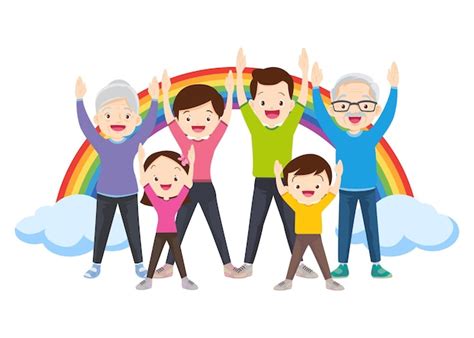 Feliz Gran Familia Frente A La Casa Arco Iris Vector Premium