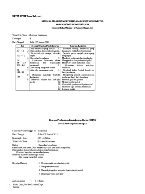Rpph Tema Rekreasi Kendaraan Tk B Pdf