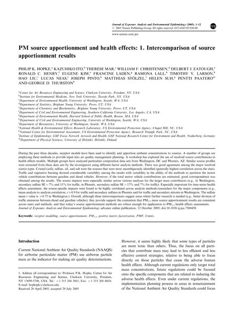 Pdf Pm Source Apportionment And Health Effects 1 Intercomparison Of Source Apportionment Results