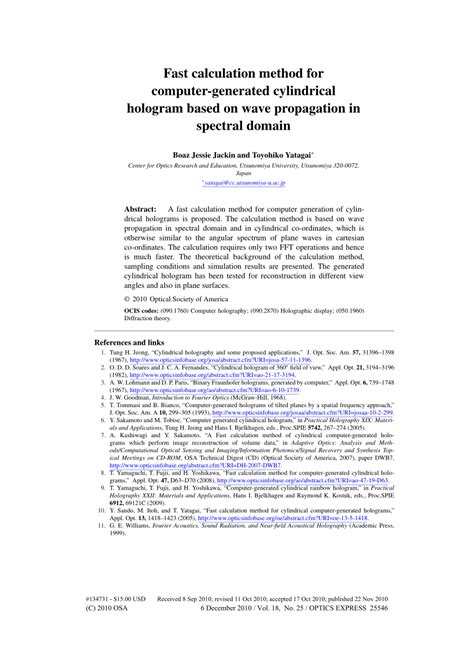 Pdf Fast Calculation Method For Computer Generated Cylindrical Hologram Based On Wave