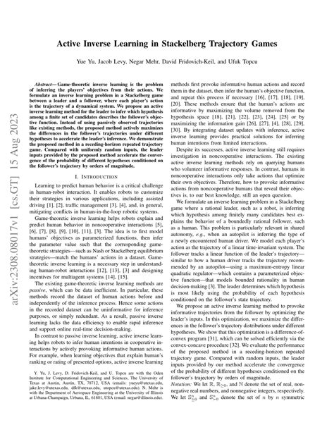 Pdf Active Inverse Learning In Stackelberg Trajectory Games