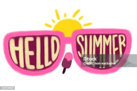 안녕하세요 여름 디지털 손으로 노란색 분홍색 문자를 그리는 여름 인쇄 인사말 포스터 배너 휴일 카드에 대한 손으로 쓴 문구 흰색 격리 된 배경입니다 태양 아이스크림 선글라스