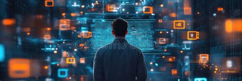 A Cybersecurity Expert Analyzes Glowing Encrypted Codes And Firewalls In A Virtual Data Space At