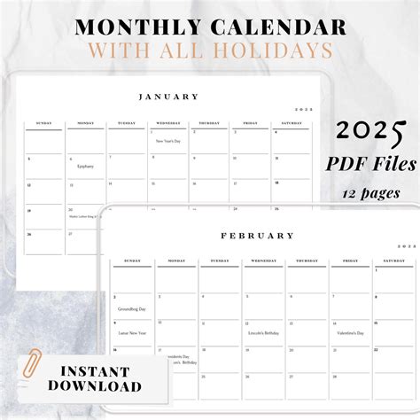 2025 Monthly Calendar With Holidays Pdf Minimalist Calendar Instant Download A3 A4 Letter