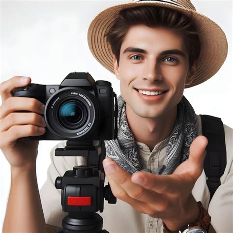 Premium Photo Travel Blogger Recording Trip Vlog On Camera Young