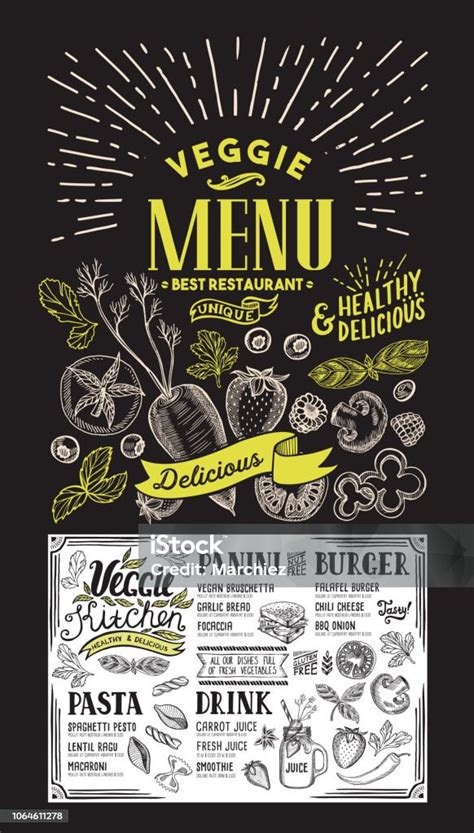 야채 메뉴 레스토랑입니다 에 대 한 벡터 음식 전단지 바와 카페 음식 손으로 그린 그래픽 일러스트 칠판 배경 서식 파일을 디자인 합니다 로고에 대한 스톡 벡터 아트 및 기타