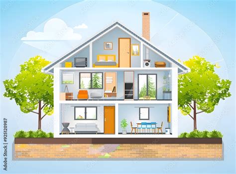 Cross Section View Of Modern House With Interior Design Stock