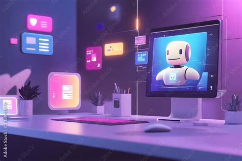 Futuristic Ai Chatbot Interface On Modern Desktop Computer Stock Futuristic Ai Chatbot Interface On Modern Desktop Computer Stock