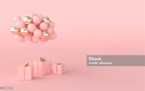 사실적인 분홍색과 황금 풍선과 리본선물 상자의 3d 렌더링 그림 배경 파티를위한 빈 공간 홍보 소셜 미디어 배너 포스터 0명에 대한 스톡 사진 및 기타 이미지 Istock