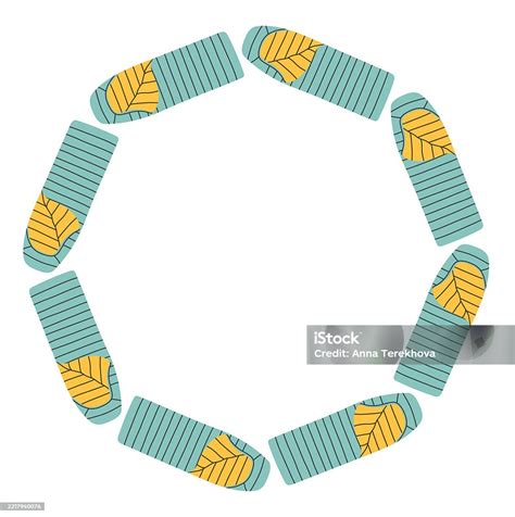 침낭 서클 프레임 심플한 블루 옐로우 캠프 침대 테두리 여름 휴가철에 자연 속의 캠핑 대피소 야외 모험 플랫 벡터 일러스트 레이 션은 흰색 배경에 고립 0명에 대한 스톡