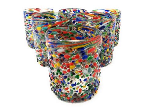 Hand Blown Mexican Drinking Glasses Set Of 6 Confetti Rock Tumbler