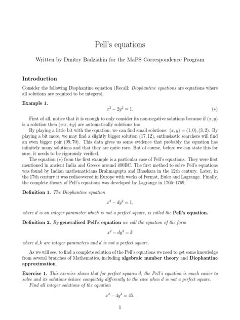 Pells Equations Pells Equations Notes Pdf Equations Square