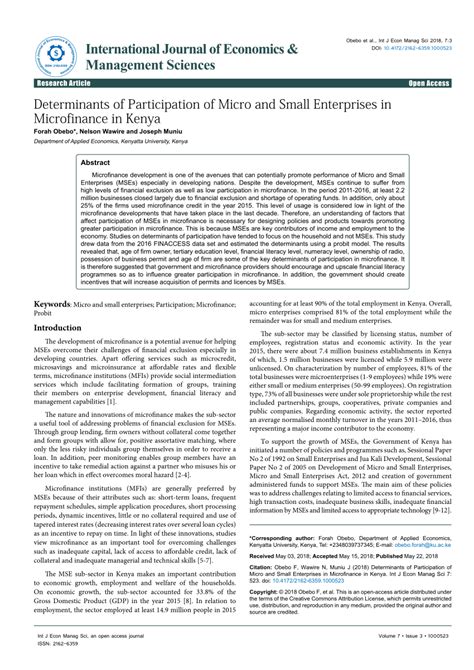 Pdf Determinants Of Participation Of Micro And Small Enterprises In Microfinance In Kenya