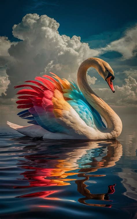 Magical Rainbow Swan On Tranquil Lake Vibrant Swan Wallpaper Swans