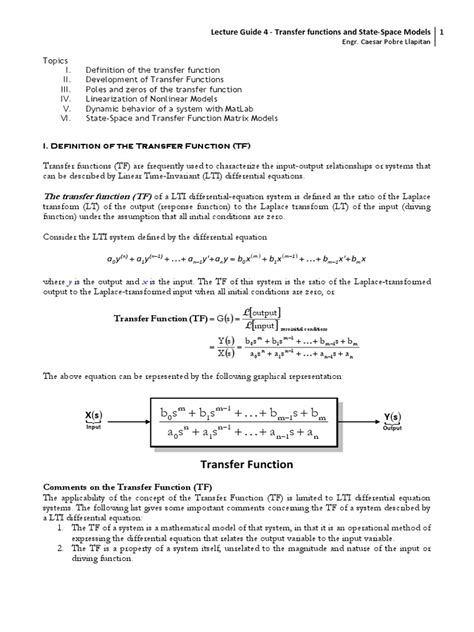Lecture Guide 4 Transfer Function And State Space Models Pdf Systems Science