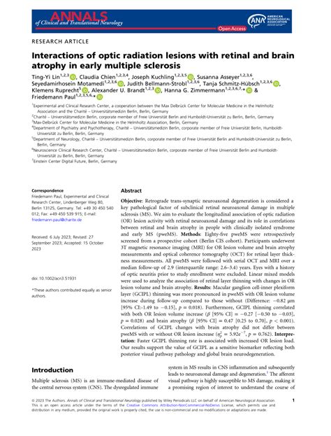 Pdf Interactions Of Optic Radiation Lesions With Retinal And Brain Atrophy In Early Multiple