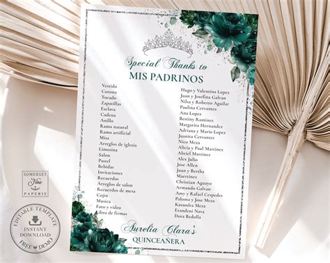 Emerald Green Floral Silver Quinceañera Mis Padrinos List Printable