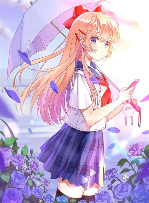 Download Bright Anime Girl Skirt Umbrella Wallpaper