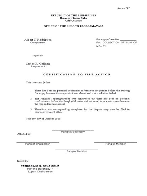 Certificate To File Action From The Barangay Sample