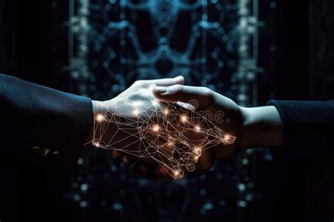Handshake Of Human Man And Neural Networks With Artificial Intelligence Concept Of Future Of