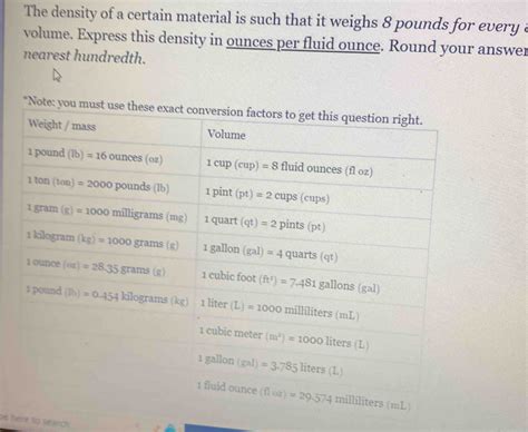 The Density Of A Certain Material Is Such That It Weighs 8 Pounds For Every A Volume Expr [physics]