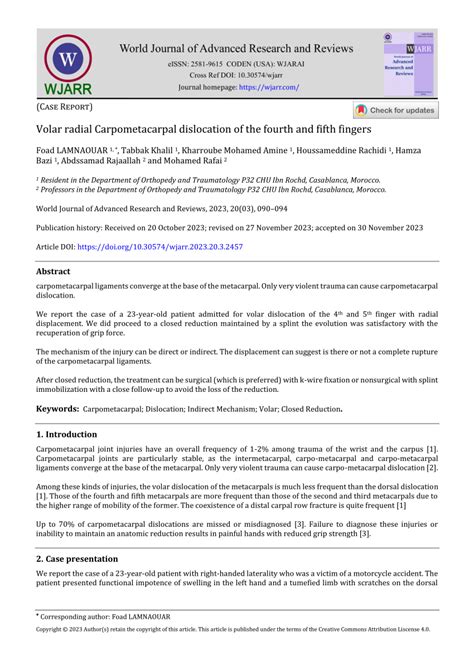 Pdf Volar Radial Carpometacarpal Dislocation Of The Fourth And Fifth