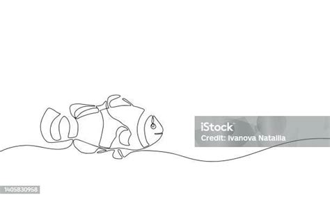 하나의 연속 선 그림에서 색상이없는 오렌지 광대 물고기 흰색 배경에 선형 스케치 스타일의 신선한 해산물 벡터 일러스트 레이 션 한붓그리기에 대한 스톡 벡터 아트 및 기타