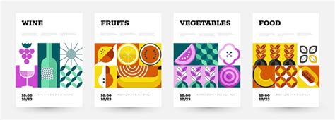 기하학적 인 음식 포스터 식품 시장과 식료품을위한 최소한의 과일과 채소가있는 추상 플래 카드 벡터 세트 농업 박람회에 대한 스톡