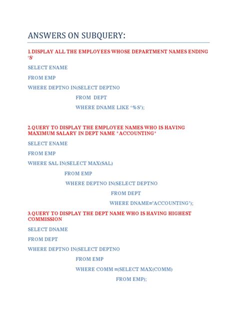 Answers Of Subquery Pdf Labor Employment