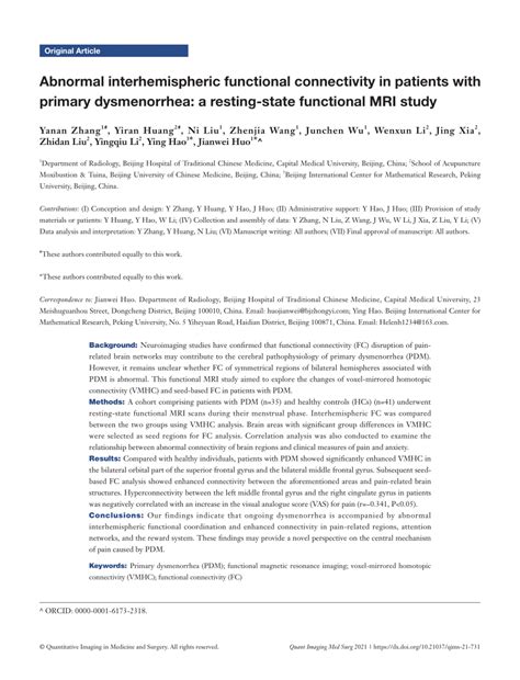Pdf Abnormal Interhemispheric Functional Connectivity In Patients With Primary Dysmenorrhea A