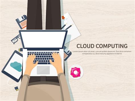 Premium Vector Vector Illustration Workplace Table With Documents Computer Flat Cloud