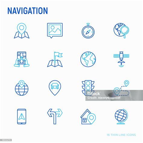 탐색 및 방향 얇은 라인 아이콘 세트 포인터 나침반 태블릿 신호등 저장소 위치에 항해 위성 현대 벡터 일러스트입니다 검색에 대한 스톡 벡터 아트 및 기타 이미지 Istock