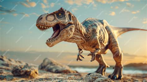 Realistic Model Of Tyrannosaurus Rex Standing On Rocky Shore With Sunset Sky Premium Ai