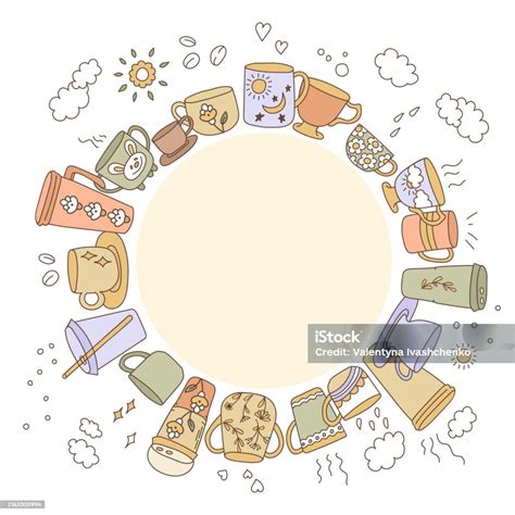 다른 손으로 그린 도자기 Faience 세라믹 찻 주전자 및 컵 낙서 귀여운 부엌 식기 벡터 일러스트 레이 션 프레임 차와 커피